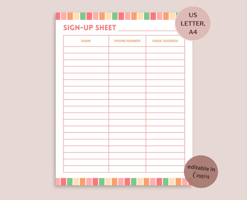 Editable Sign up Sheet, Email Signup Sheet Printable, Summer Signup ...