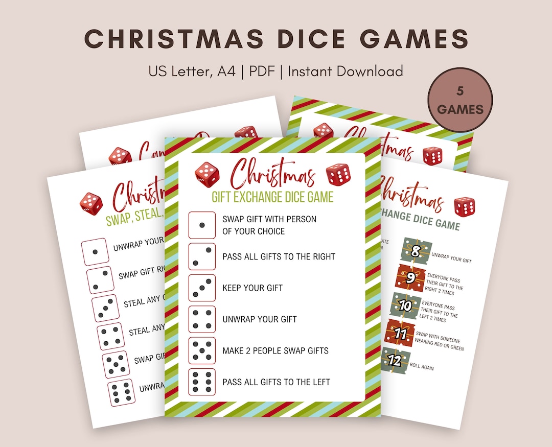 Christmas Dice Game Printable, Christmas Gift Exchange Dice Game, White ...