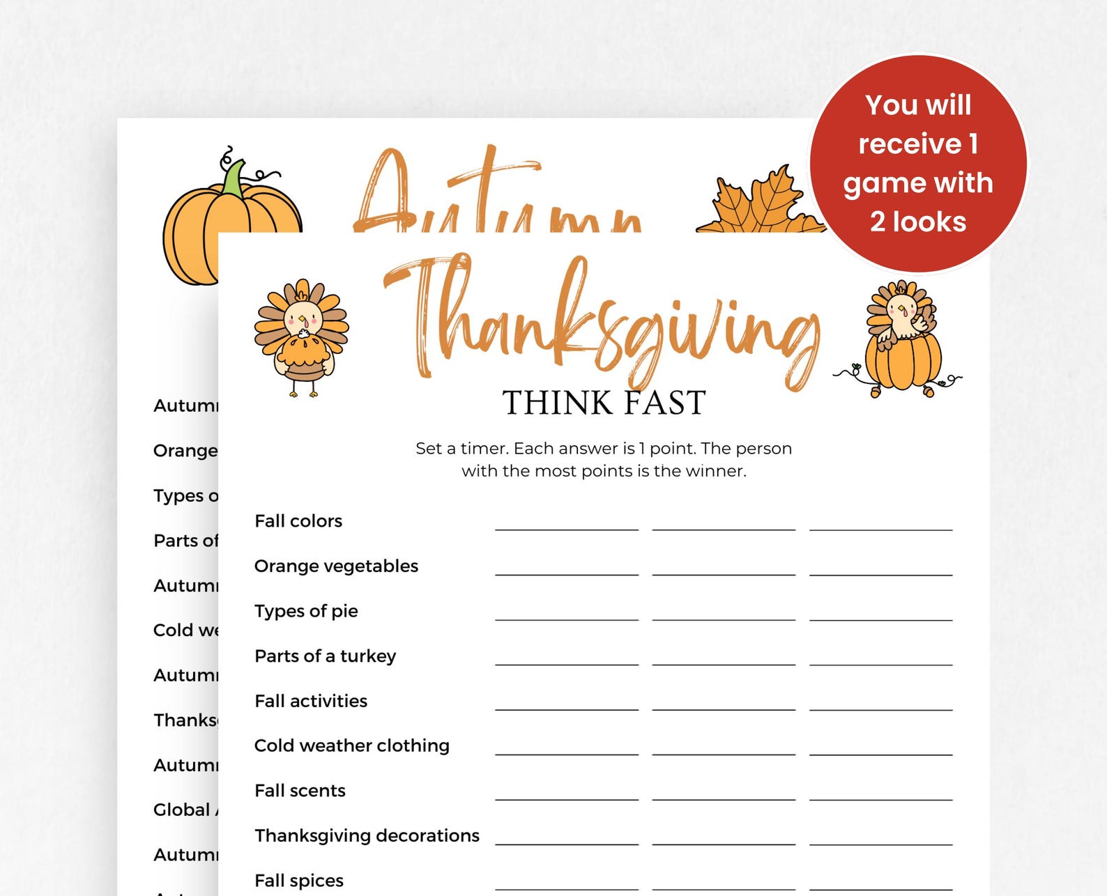Thanksgiving Think Fast Game, Printable Thanksgiving Fun Party Activity ...