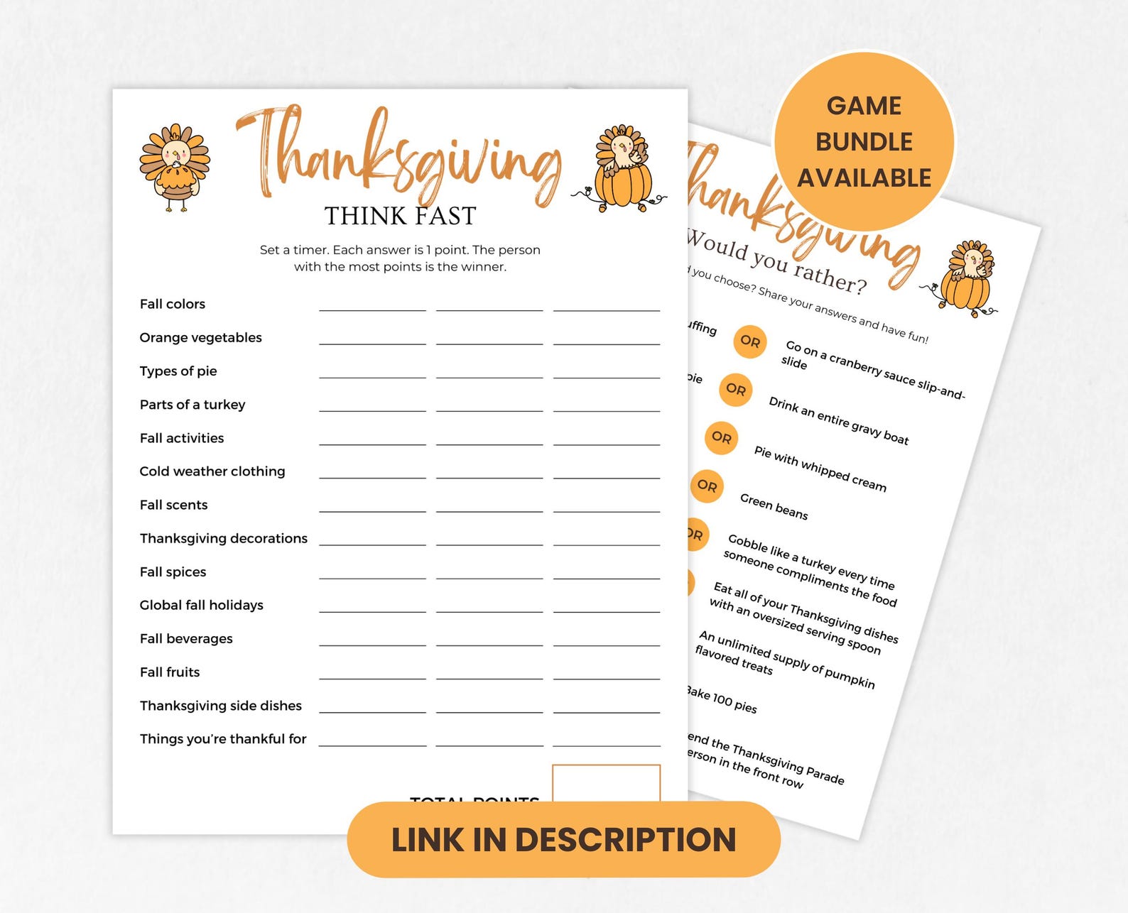 Thanksgiving Think Fast Game, Printable Thanksgiving Fun Party Activity ...