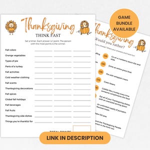 Thanksgiving Think Fast Game, Printable Thanksgiving Fun Party Activity ...
