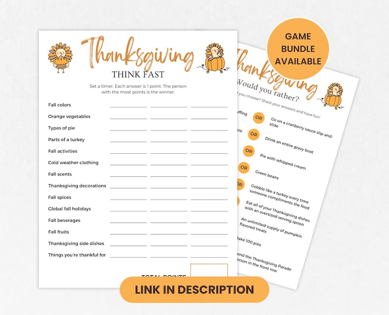 Thanksgiving Think Fast Game, Printable Thanksgiving Fun Party Activity ...
