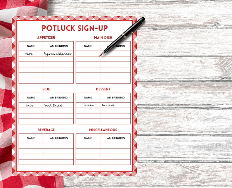 Potluck Sign up Sheet, Office Potluck Party Printable, Picnic Potluck ...