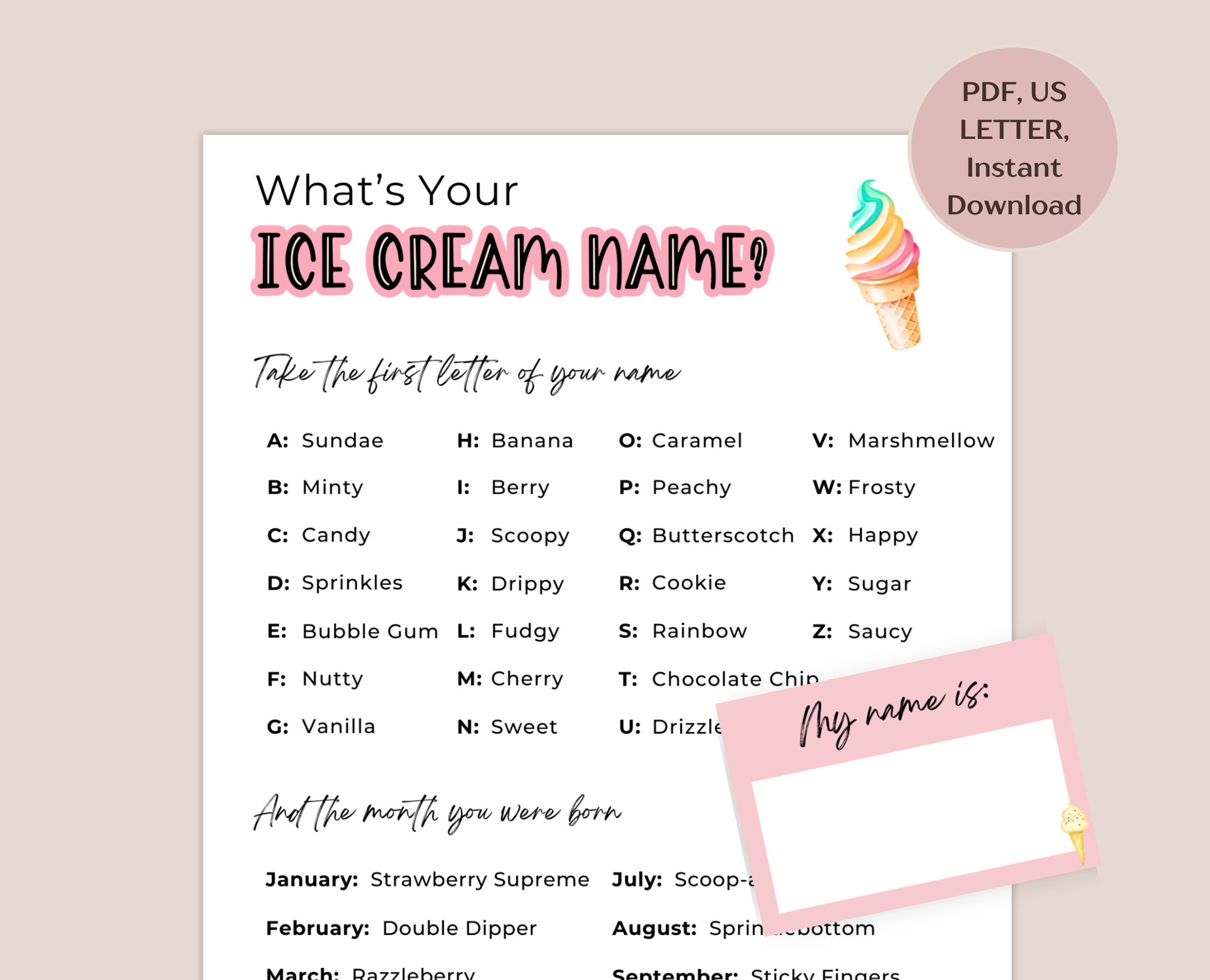 What's Your Ice Cream Name Game, Ice Cream Social Activity, Ice Cream ...