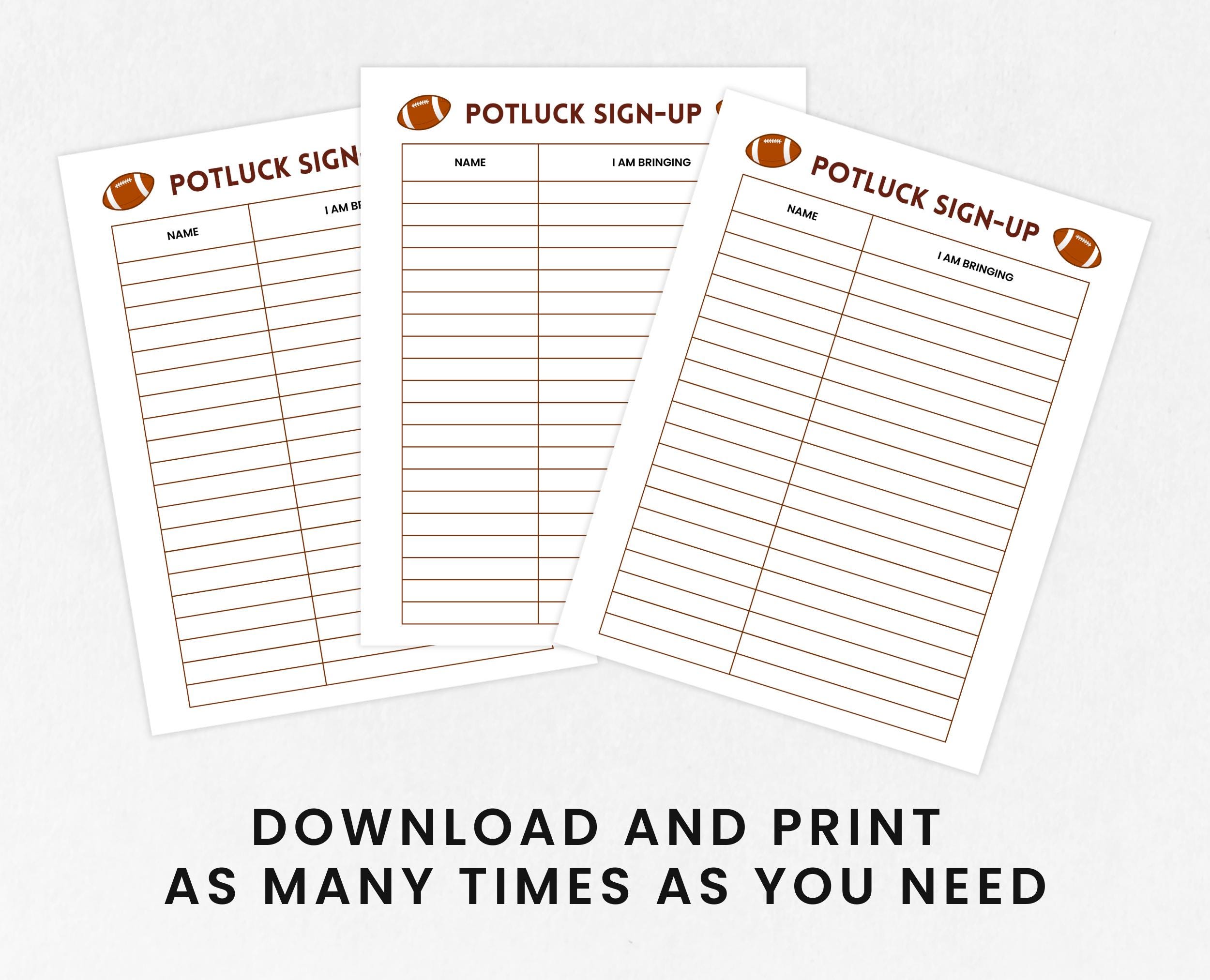 Football Potluck Sign up Sheet, Office Potluck Party Printable, Fall ...