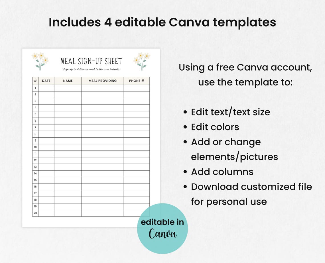 Editable Meal Sign up Sheet, Meal Train Signup Sheet Printable ...