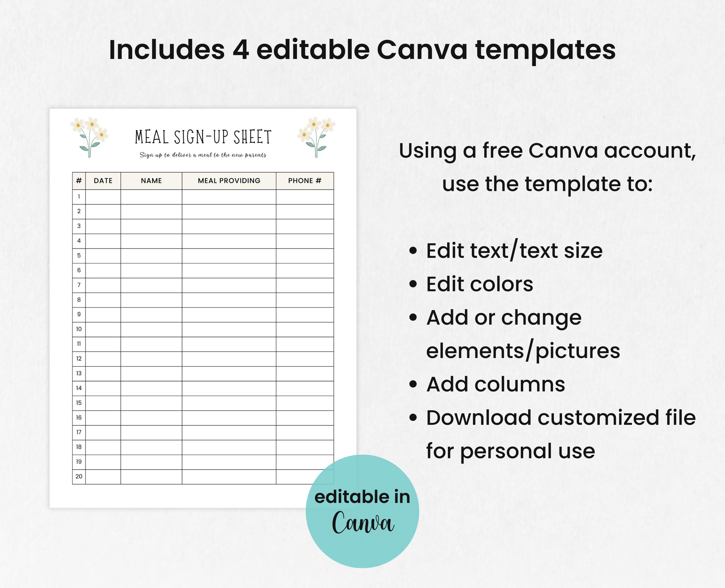 Editable Meal Sign up Sheet, Meal Train Signup Sheet Printable ...