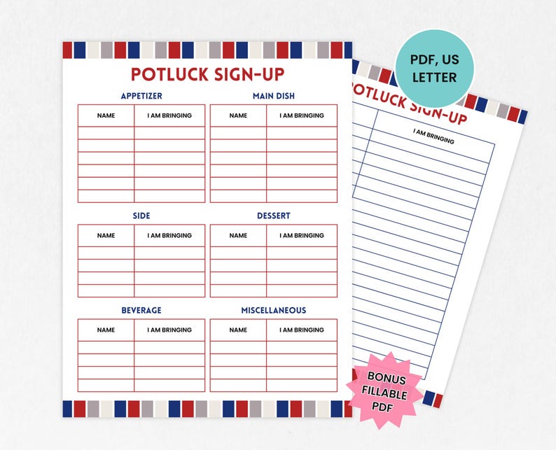 4th of July Potluck Sign up Sheet, Office Potluck Party Printable ...