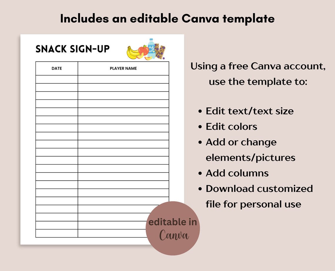 EDITABLE Snack Sign up Sheet, Coach Snack Signup Sheet Printable ...