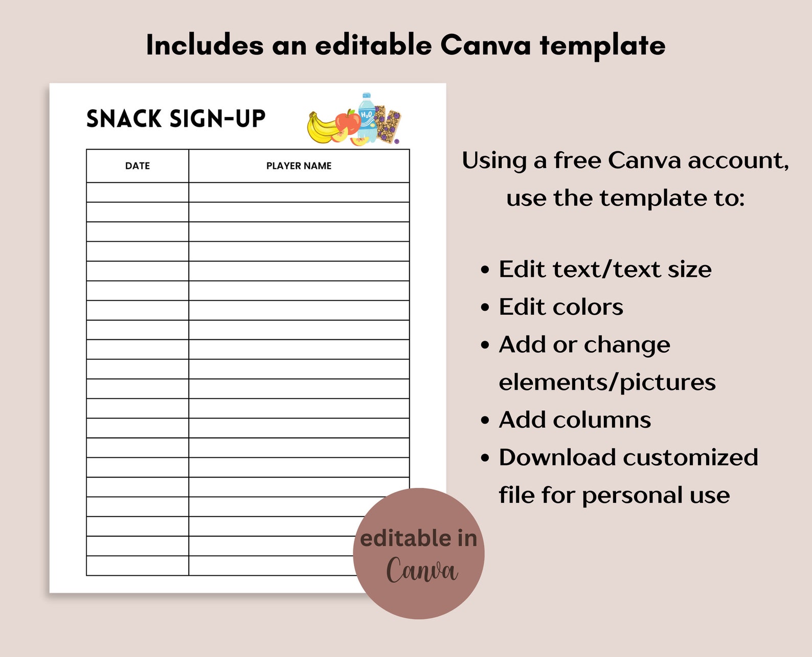EDITABLE Snack Sign up Sheet Coach Snack Signup Sheet - Etsy
