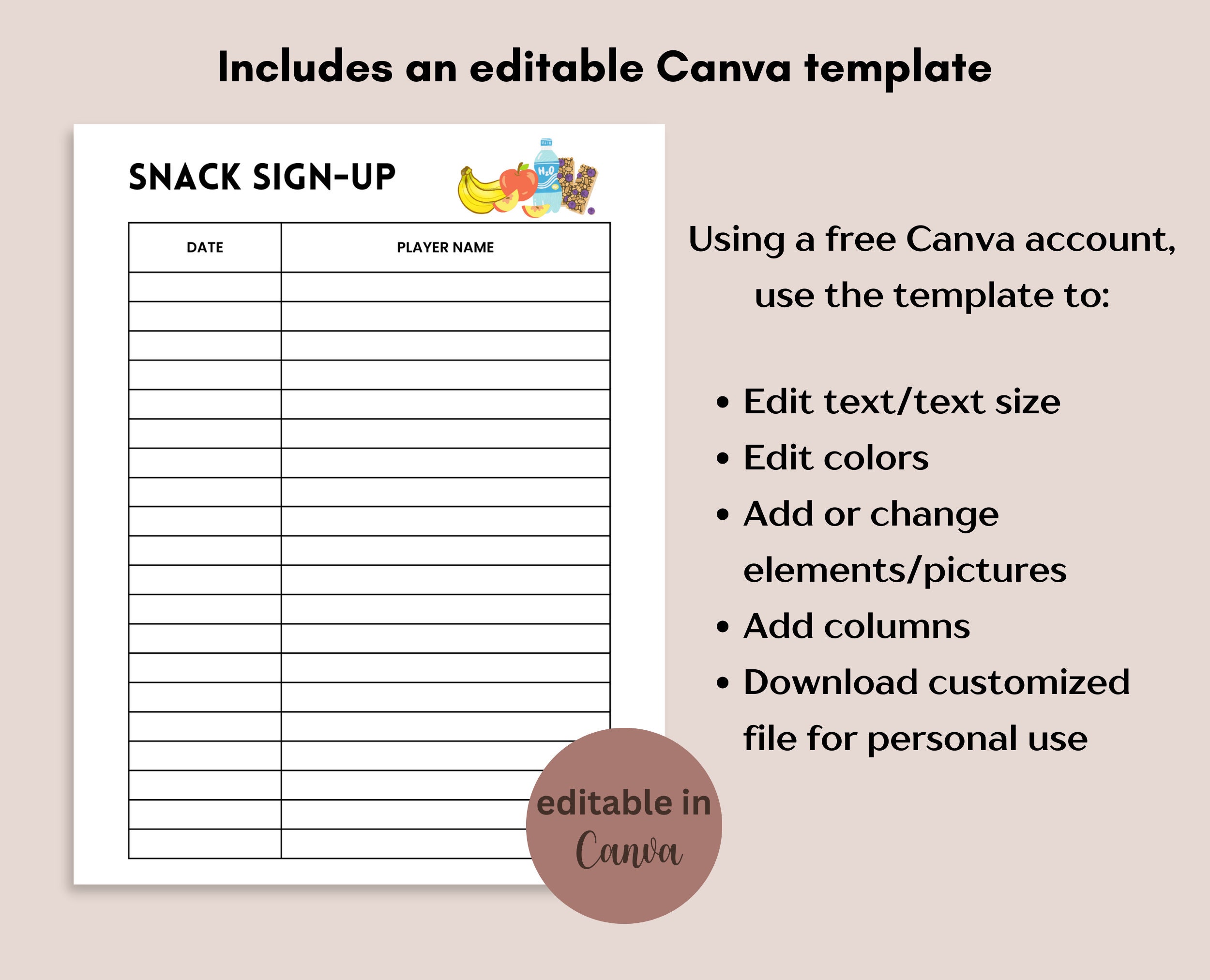 EDITABLE Snack Sign up Sheet, Coach Snack Signup Sheet Printable ...