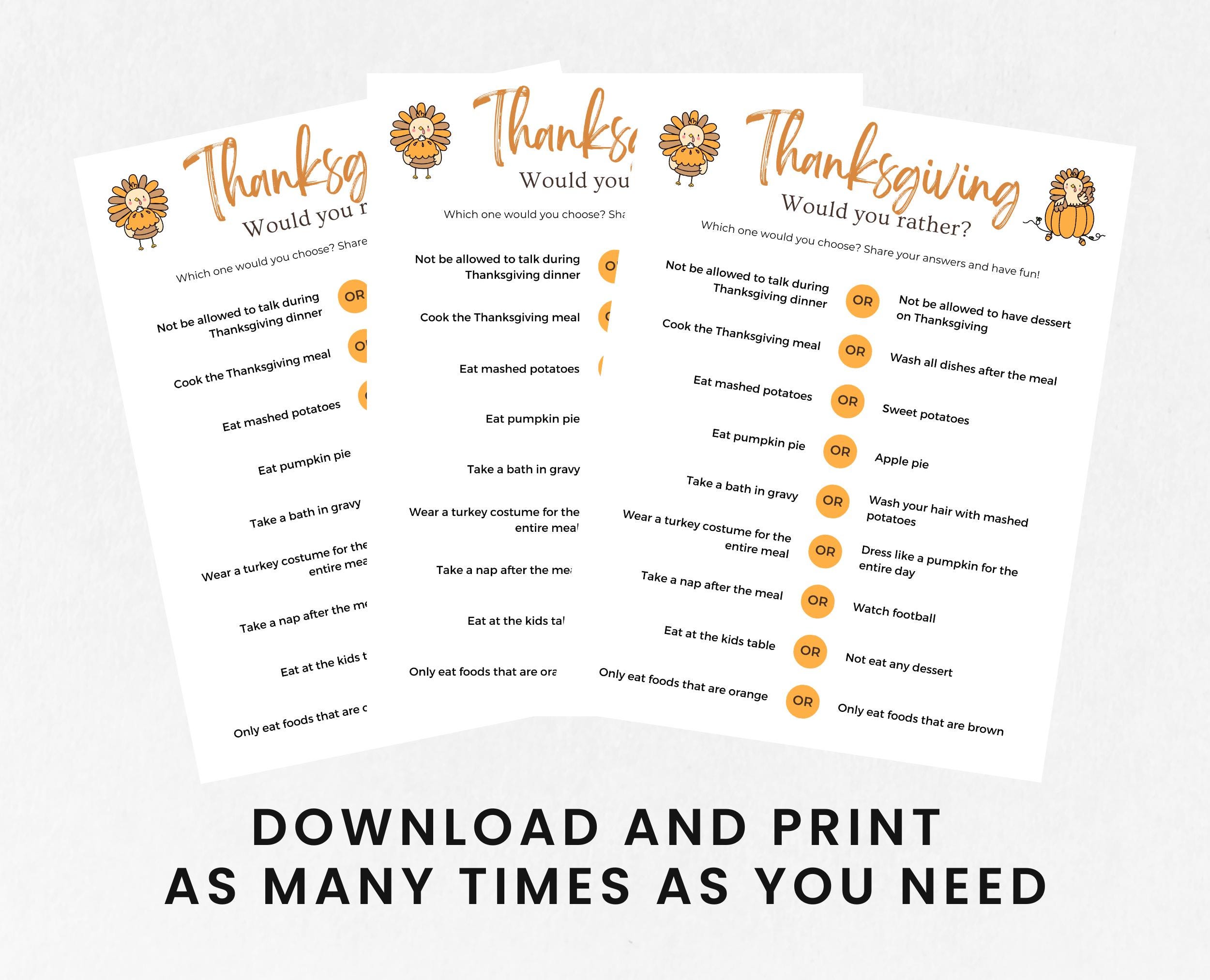 Thanksgiving Would You Rather, Activities for Kids Printable ...