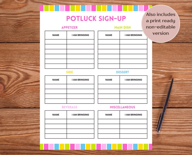 Editable Potluck Sign up Sheet, Birthday Party Potluck, Potluck Party ...