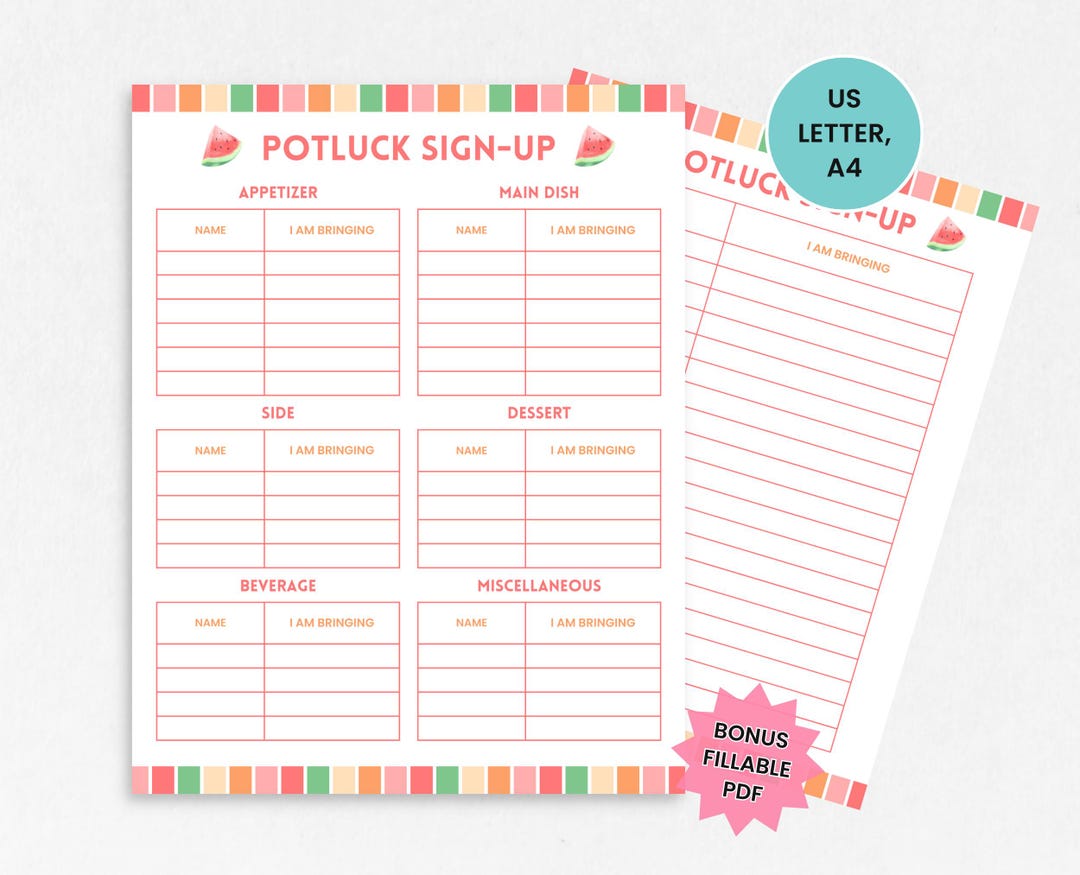 Potluck Sign up Sheet, Office Potluck Party Printable, Summer Party ...