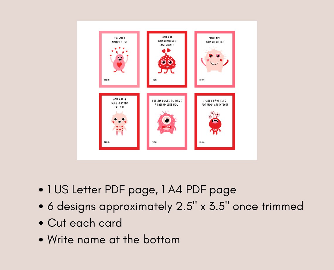 Monster Class Valentines, Printable School Valentines, Valentine's Day ...