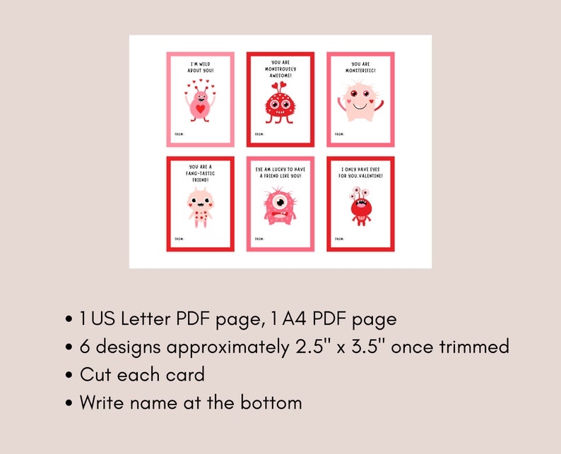 Monster Class Valentines, Printable School Valentines, Valentine's Day ...