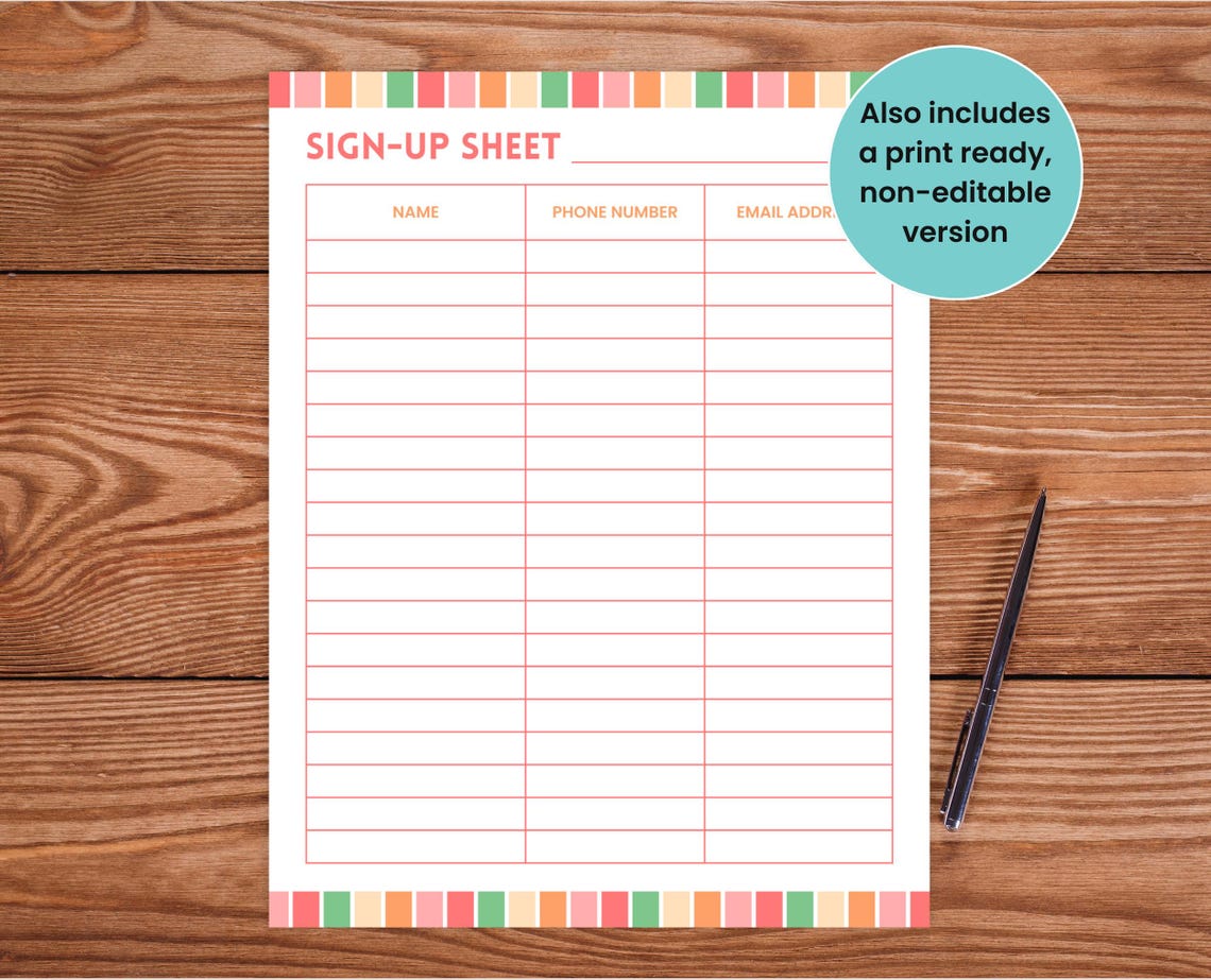 Editable Sign up Sheet, Email Signup Sheet Printable, Summer Signup ...