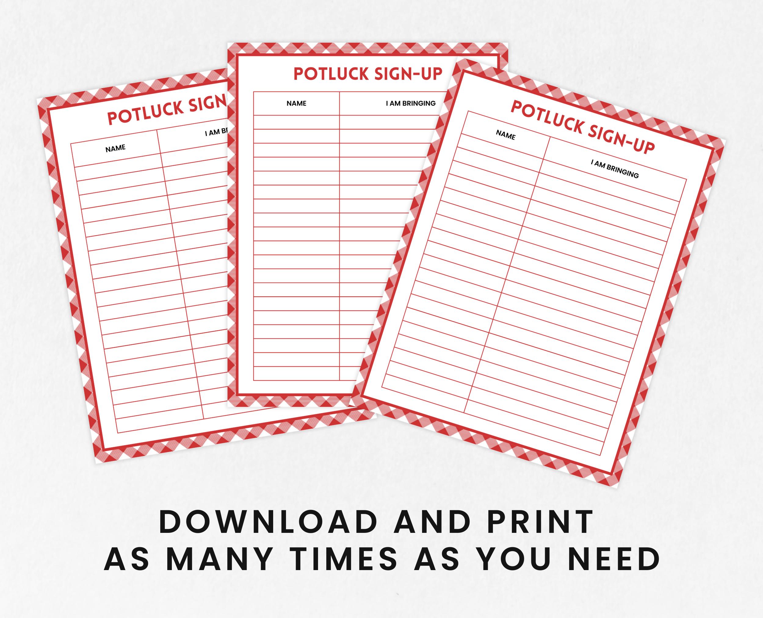 Potluck Sign up Sheet, Office Potluck Party Printable, Picnic Potluck ...