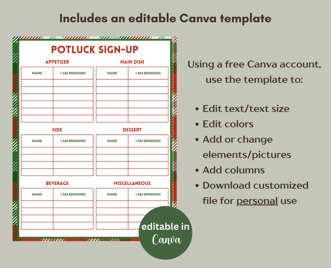 Editable Christmas Potluck Sign up Sheet, Office Potluck Party ...