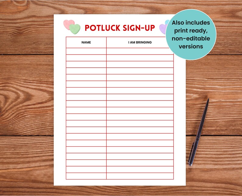 Editable Valentines Potluck Sign up Sheet, Office Potluck Party ...