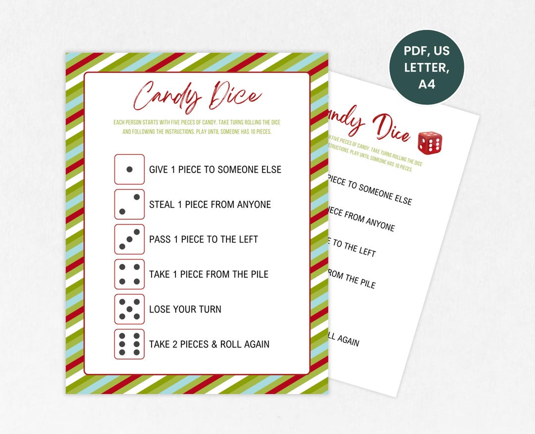 Christmas Candy Dice Game Printable, Christmas Dice Game, Dice Game for ...