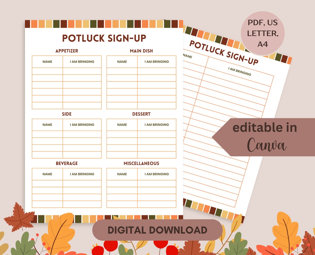 Editable Potluck Sign up Sheet, Office Potluck Party Printable, Fall ...