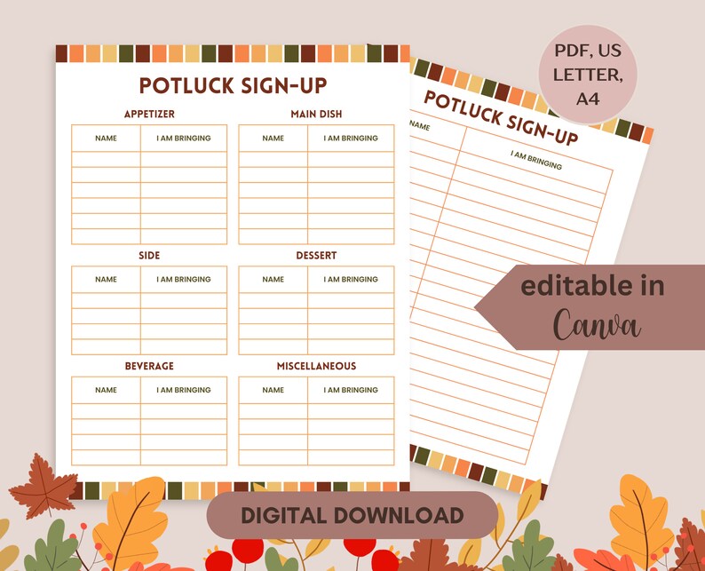 Editable Potluck Sign up Sheet, Office Potluck Party Printable, Fall ...