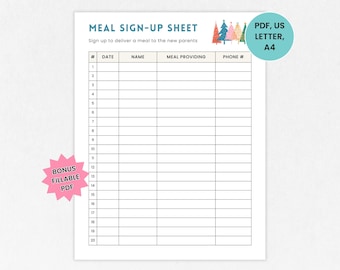 Meal Sign up Sheet, Meal Train Signup Sheet Printable, New Parents Food ...