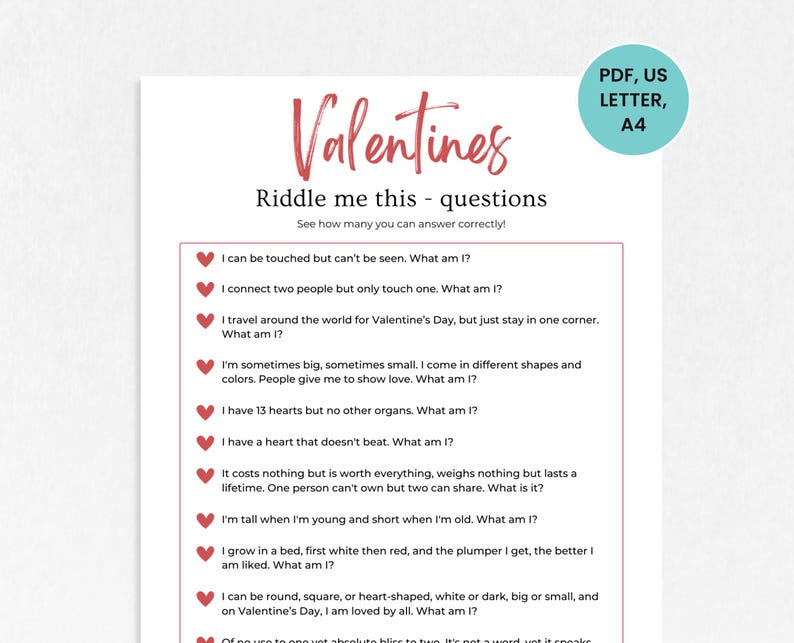 Valentine Riddles, Valentines Riddle Me This Game, Valentine's Day Game ...