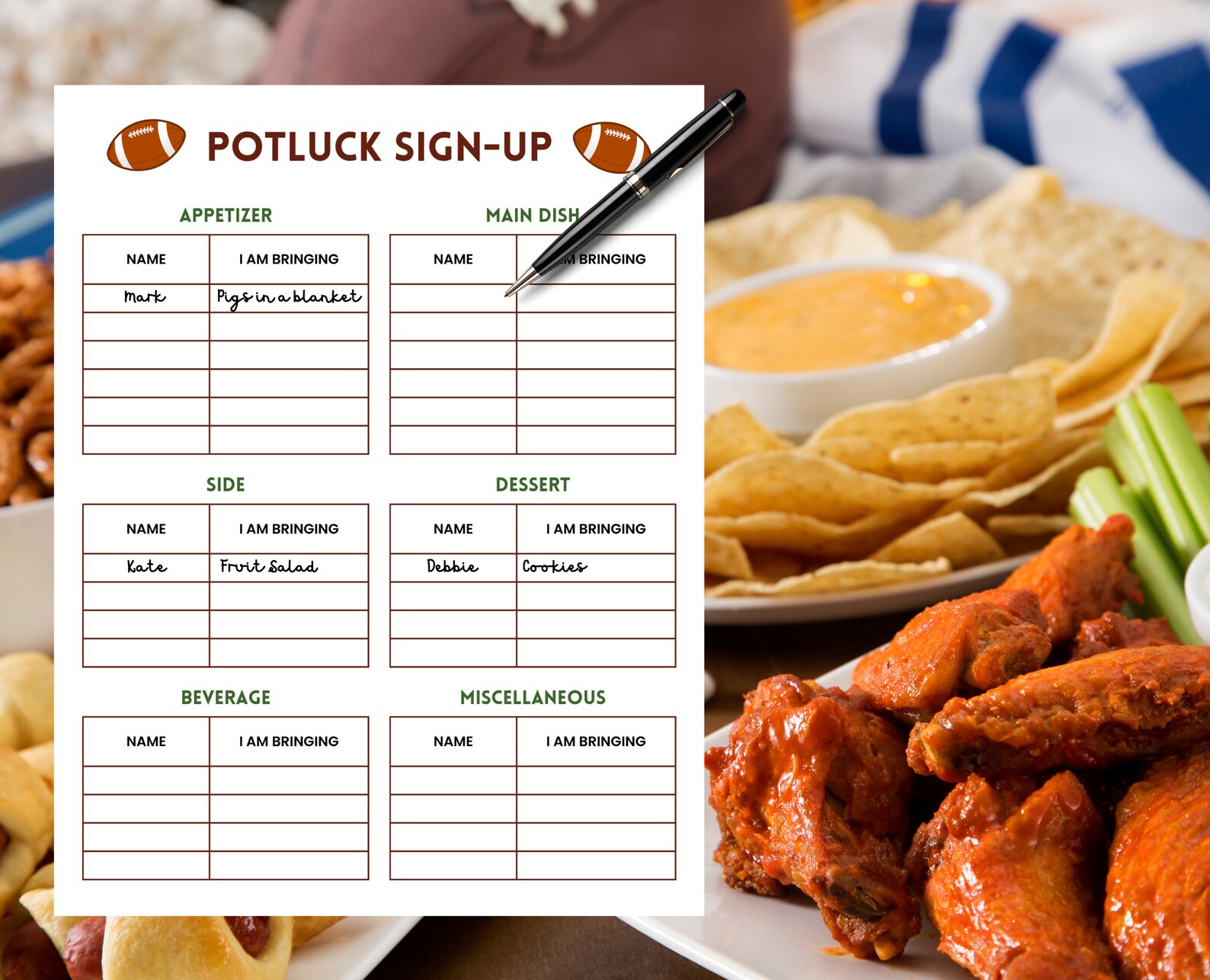 Football Potluck Sign up Sheet, Office Potluck Party Printable, Fall ...