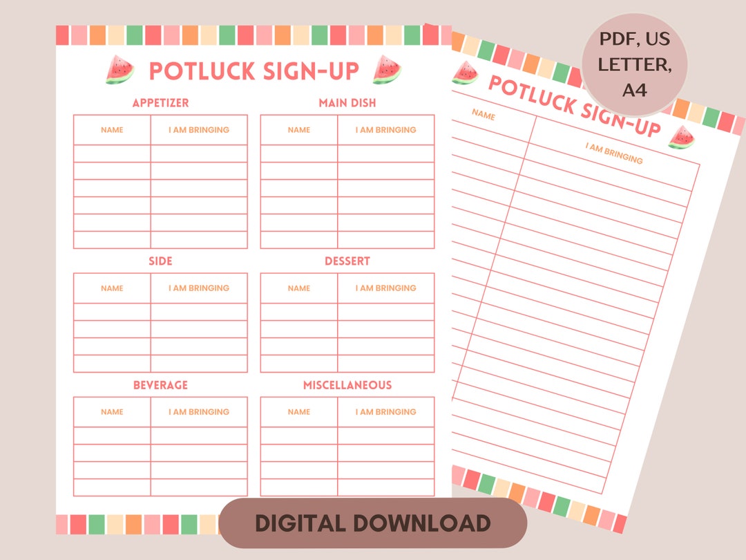 Potluck Sign up Sheet Office Potluck Party Printable Summer - Etsy