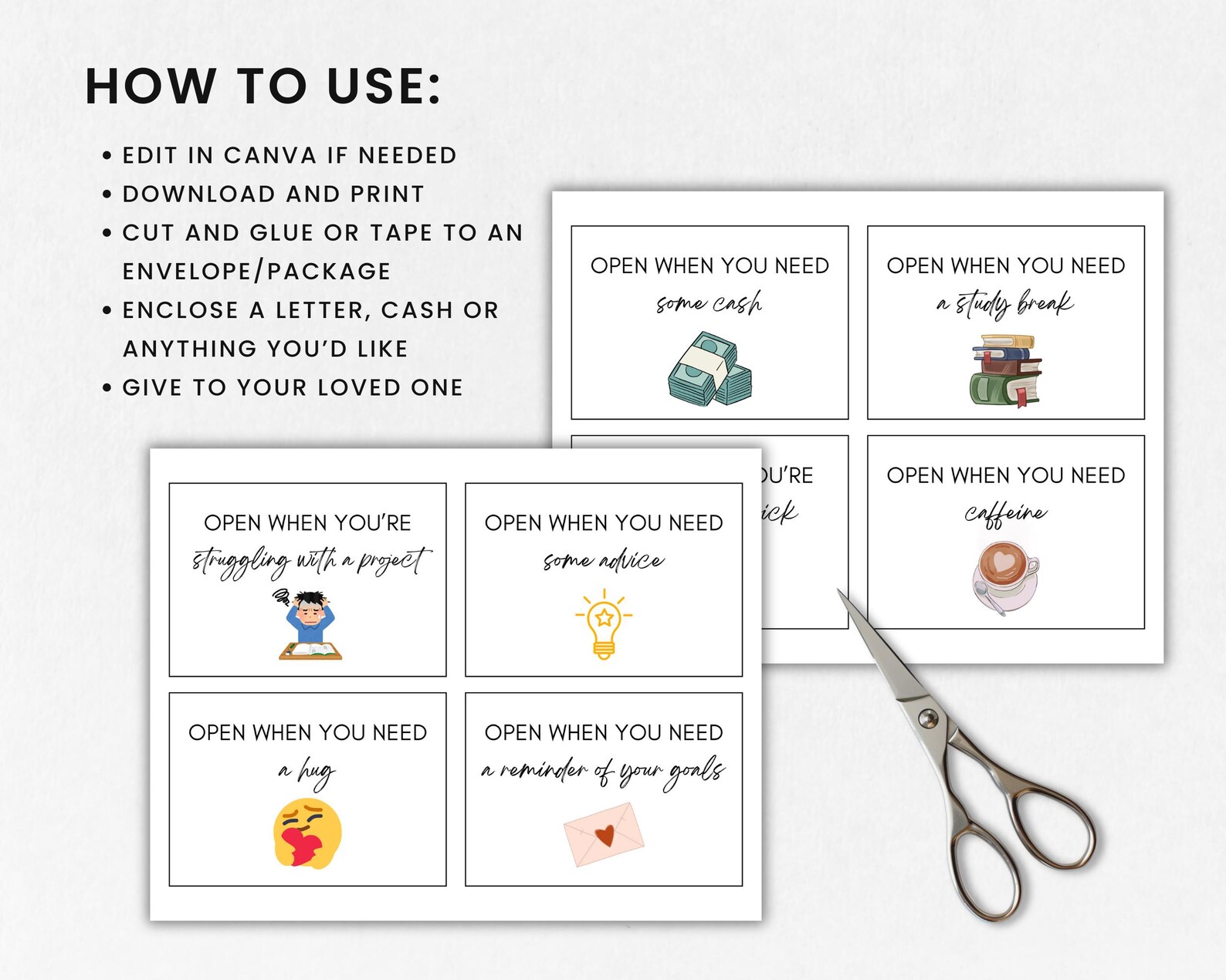 Editable Open When Cards for College Students, Open When Letters ...