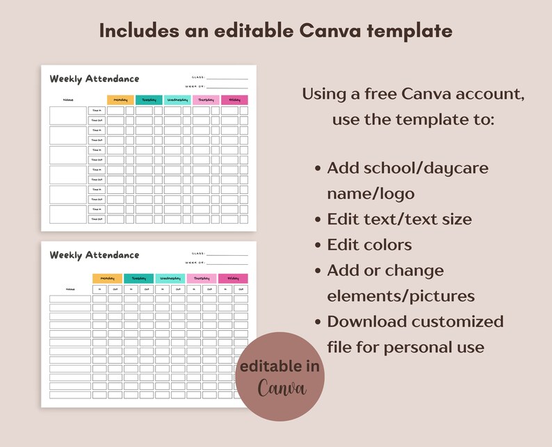 Editable Weekly Attendance and Daily Schedule Bundle, Daycare Sign In ...