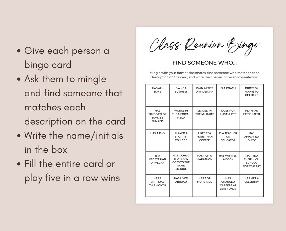 Editable Class Reunion Bingo Game, Class Reunion Bingo, High School ...