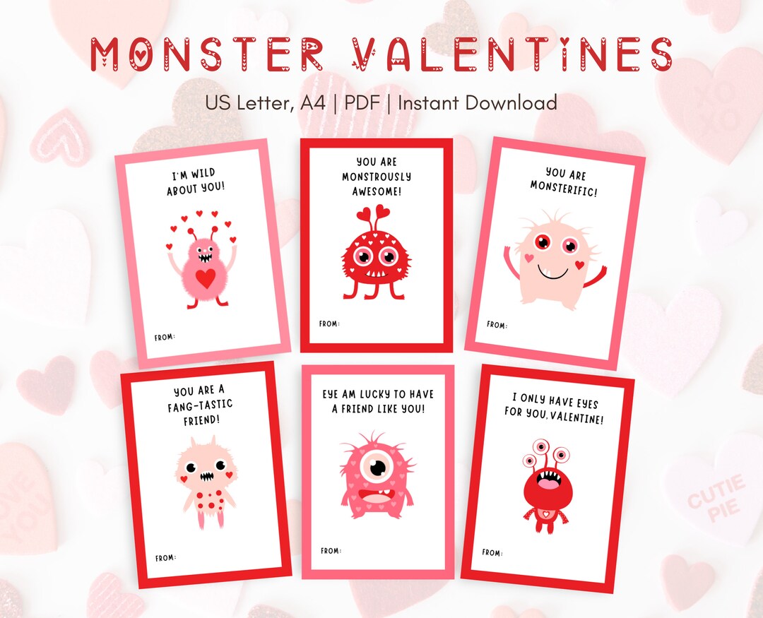 Monster Class Valentines, Printable School Valentines, Valentine's Day ...