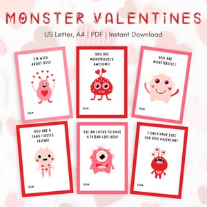 Monster Class Valentines, Printable School Valentines, Valentine's Day ...