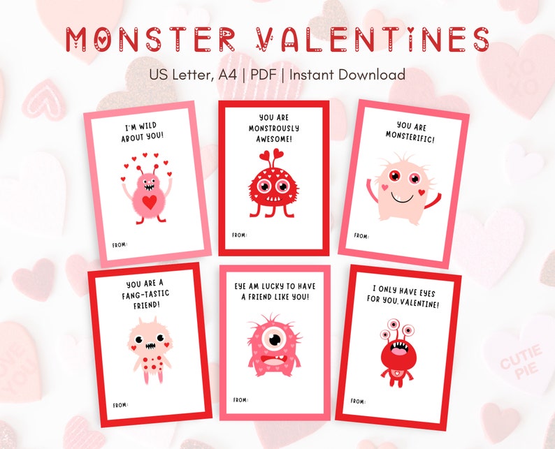 Monster Class Valentines, Printable School Valentines, Valentine's Day ...