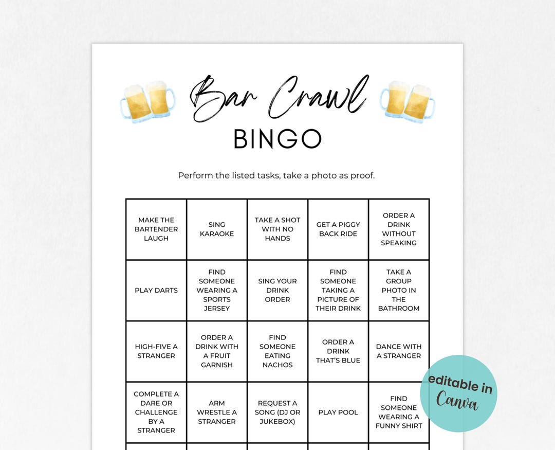 Editable Bar Crawl Bingo, Bar Bingo, Pub Crawl Bingo Printable, Bar Hopping Bingo Card, Bingo ...
