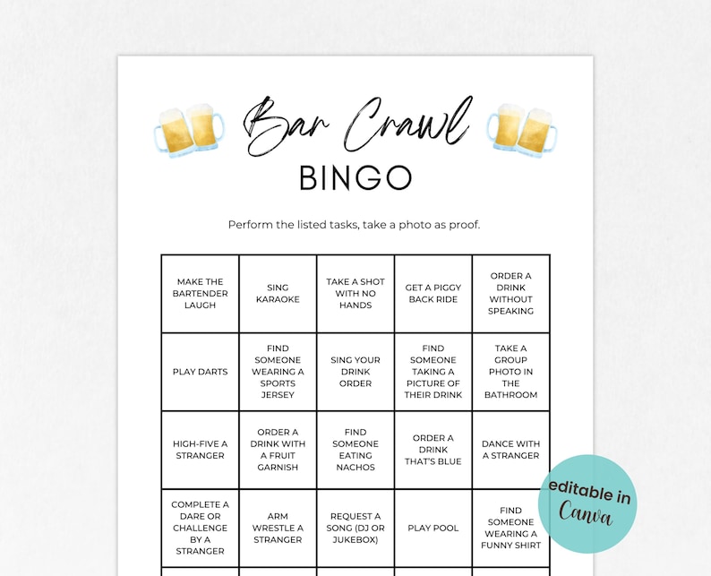 Editable Bar Crawl Bingo, Bar Bingo, Pub Crawl Bingo Printable, Bar ...