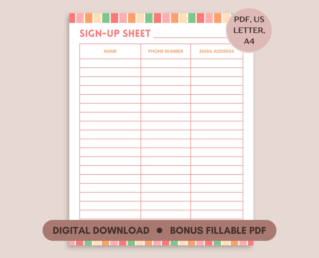 Sign up Sheet, Email Signup Sheet Printable, Summer Signup, Church Sign ...