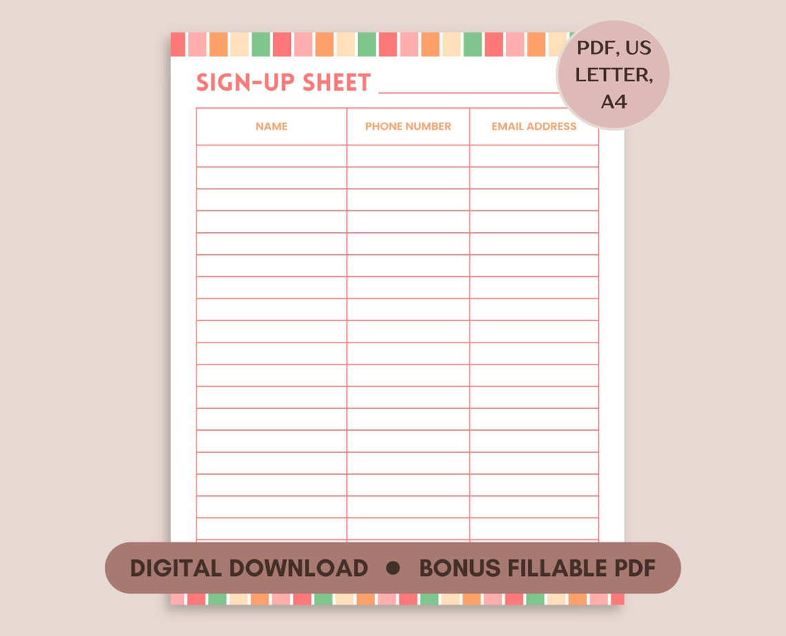Sign up Sheet, Email Signup Sheet Printable, Summer Signup, Church Sign ...