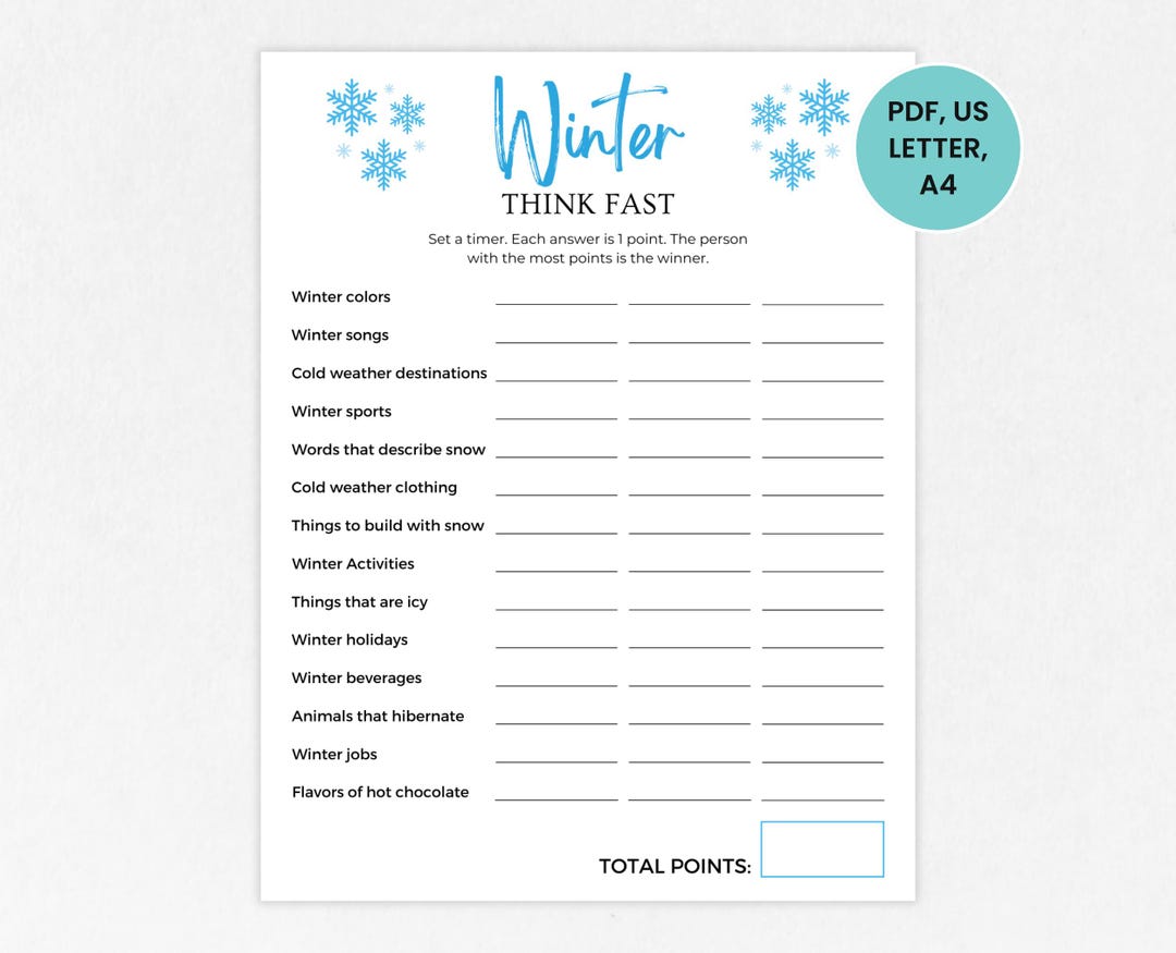 Winter Think Fast Game, Printable Christmas Fun Party Activity, Winter ...