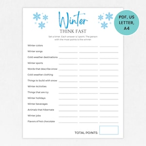Winter Think Fast Game, Printable Christmas Fun Party Activity, Winter ...