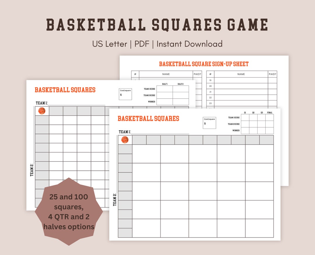March Basketball Squares, Printable Basketball Party Game, Basketball ...