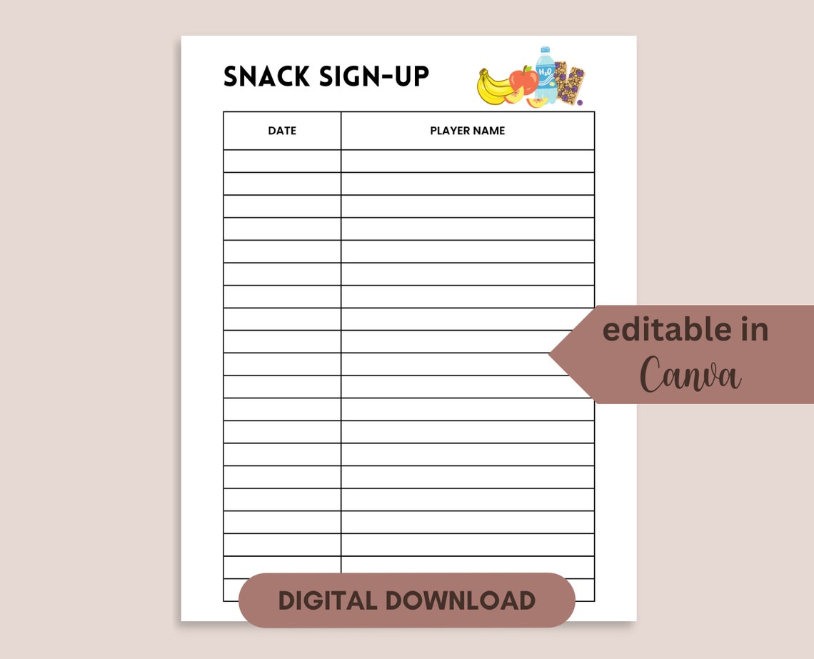 EDITABLE Snack Sign up Sheet Coach Snack Signup Sheet - Etsy