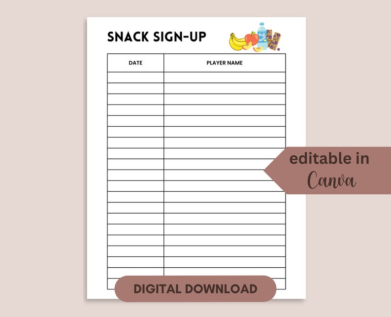 EDITABLE Snack Sign up Sheet, Coach Snack Signup Sheet Printable ...