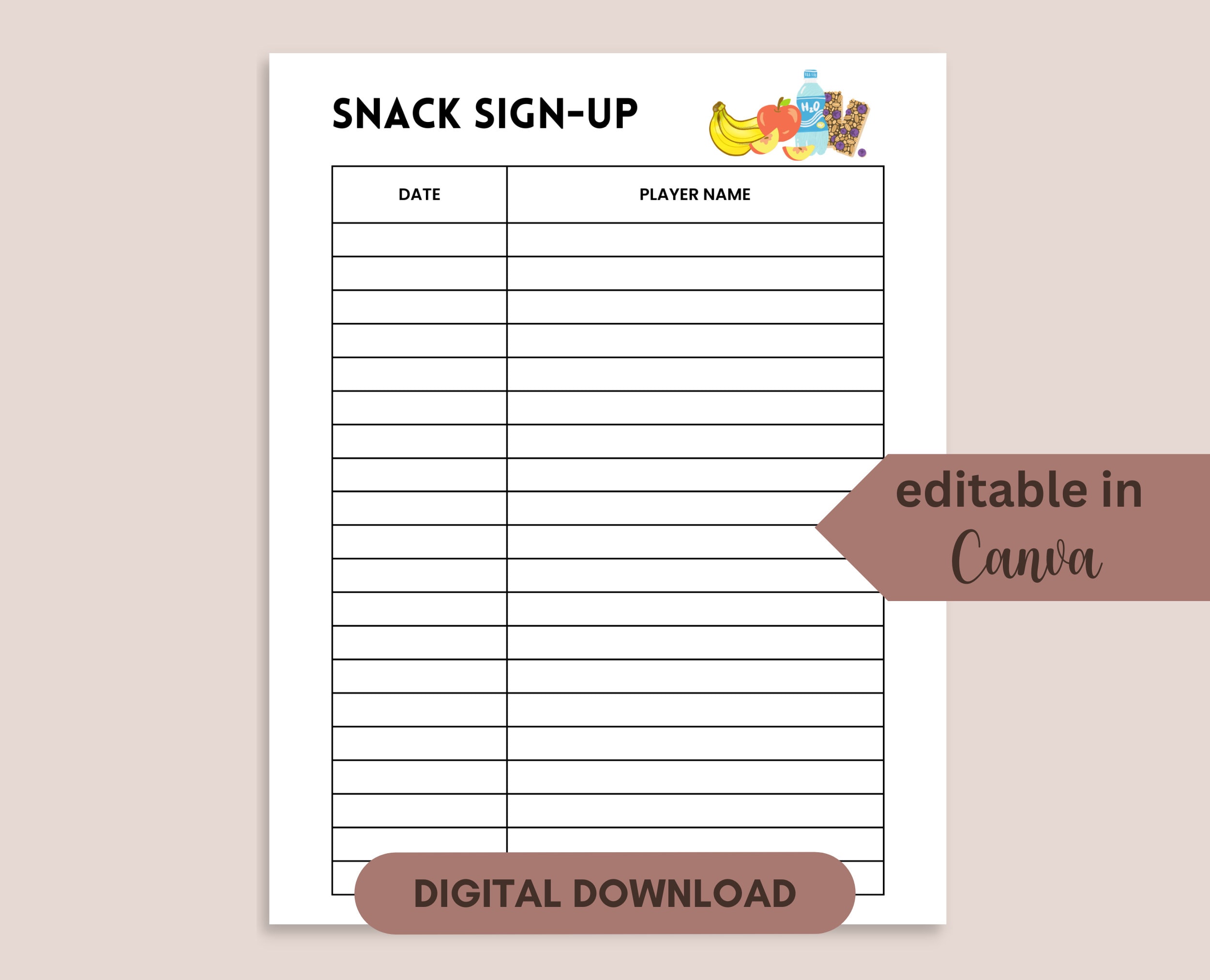 EDITABLE Snack Sign up Sheet, Coach Snack Signup Sheet Printable ...