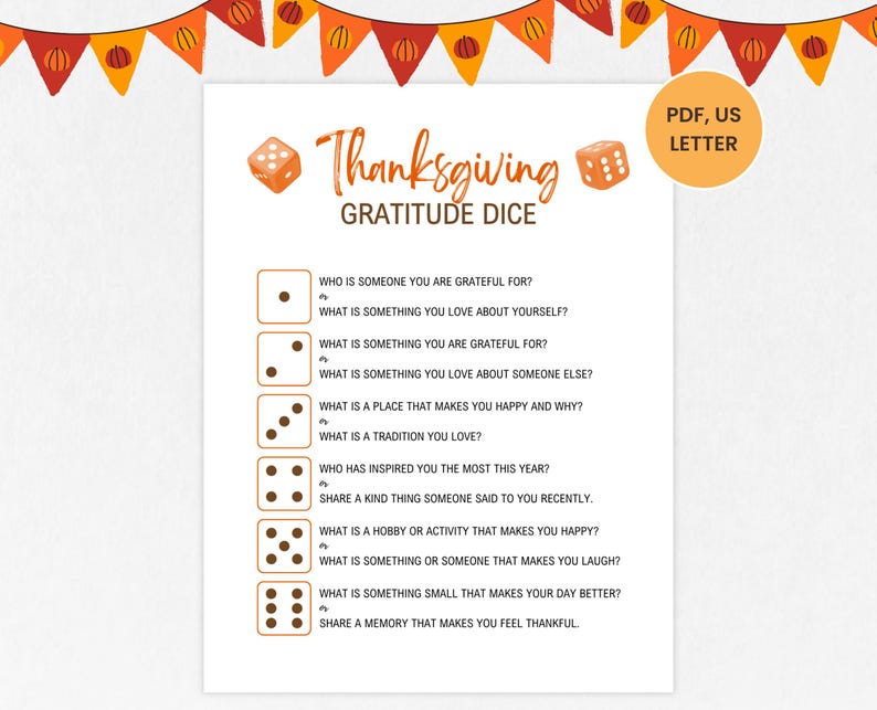Thanksgiving Gratitude Dice Game Printable, Gratitude Dice Dinner ...