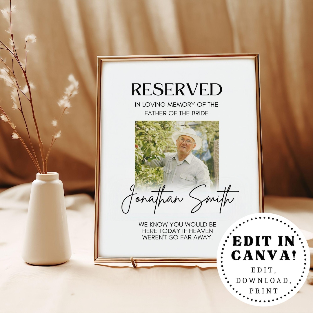 Reserved in Memory Sign Template, Wedding Memorial Sign Template, in ...