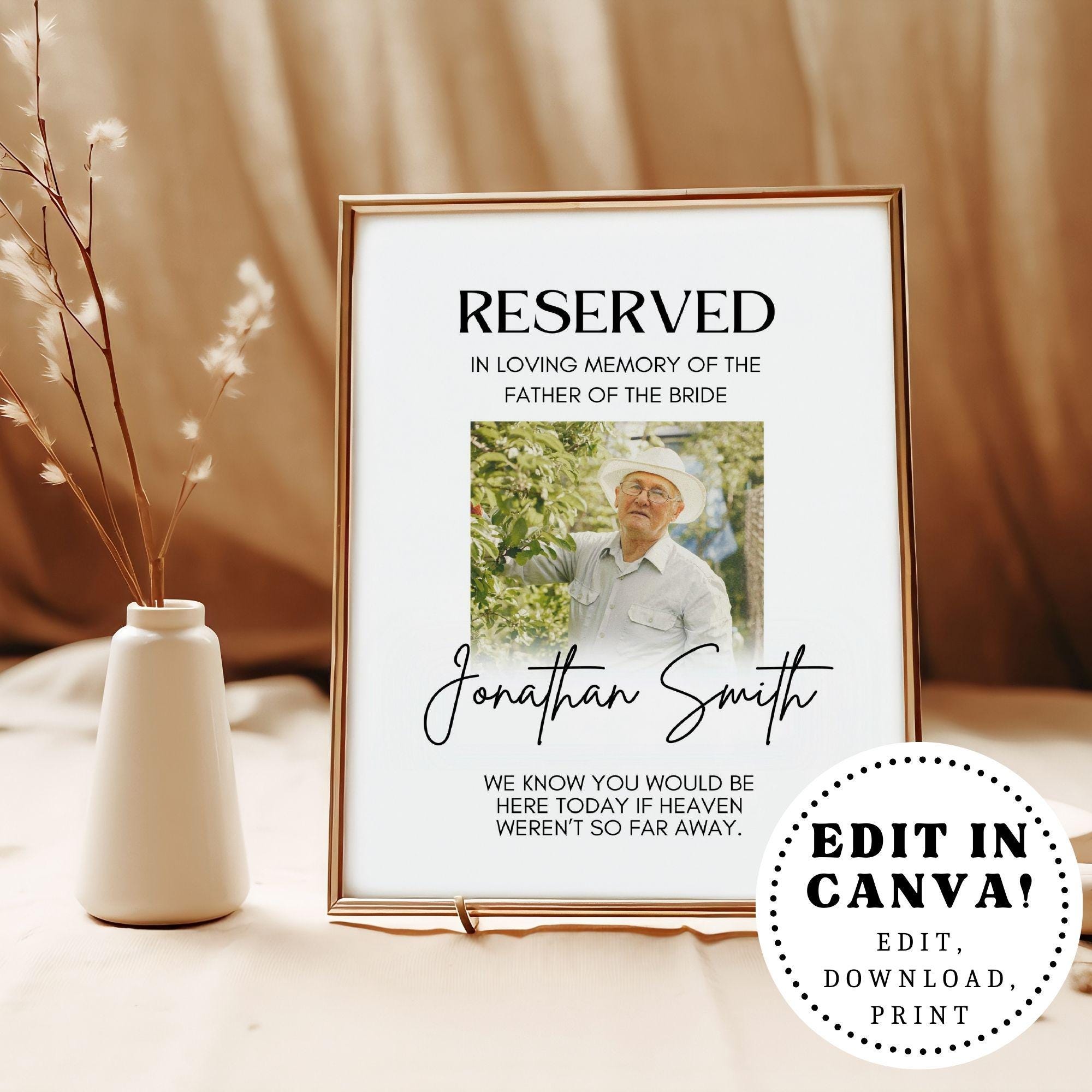 Reserved in Memory Sign Template, Wedding Memorial Sign Template, in ...